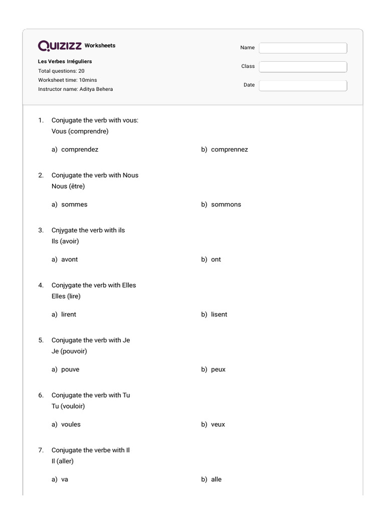Irregular French Verb Worksheets | PDF