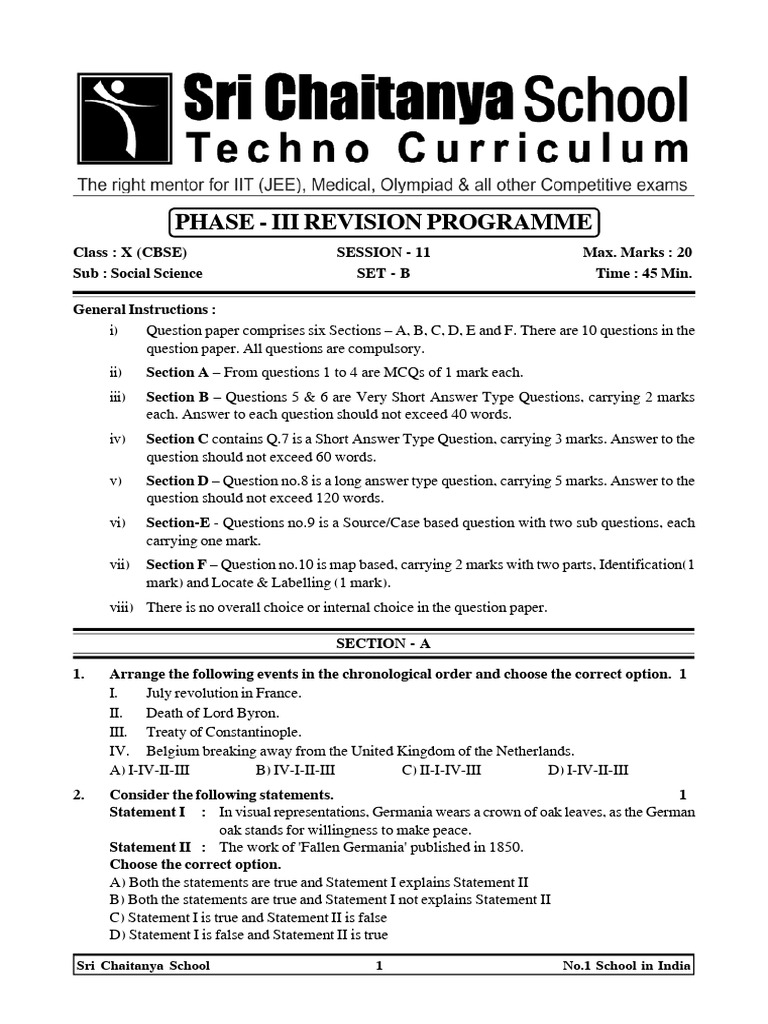 Social Science (CBSE) Phase - III Session - 11 Set - B QP | PDF ...