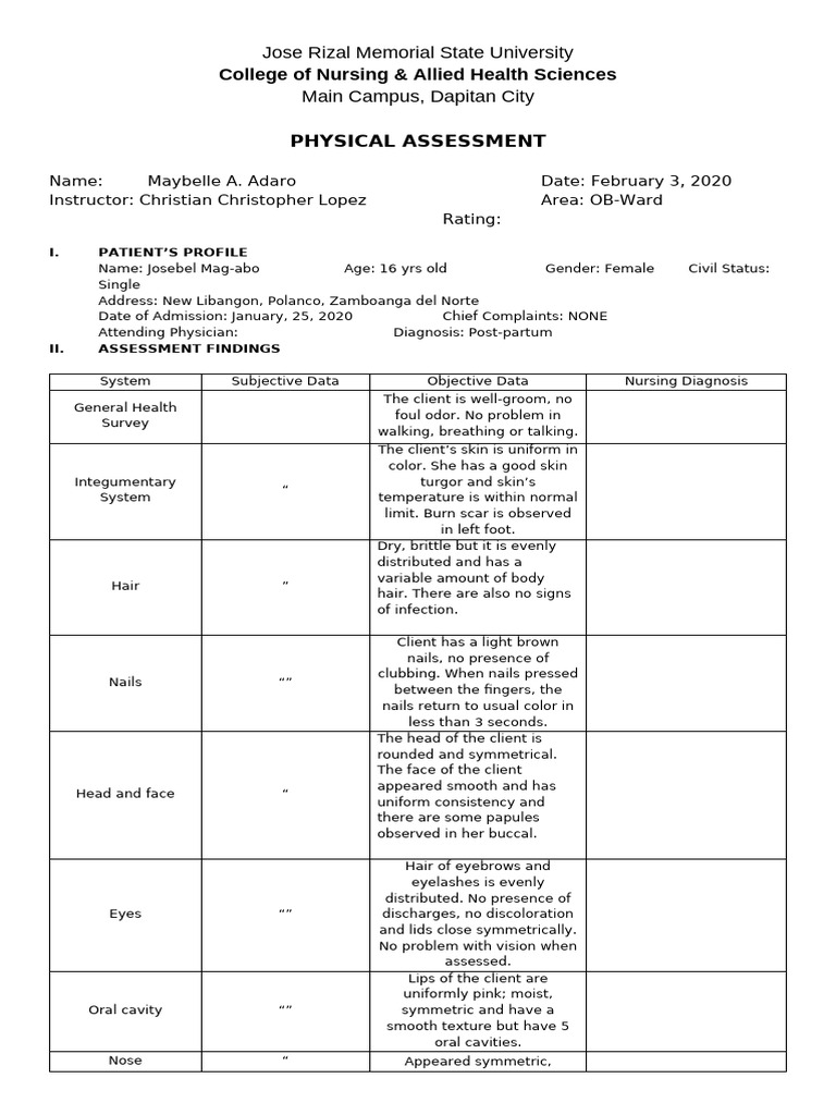 Physical Assessment of Postpartum Patient | PDF | Medical Specialties ...