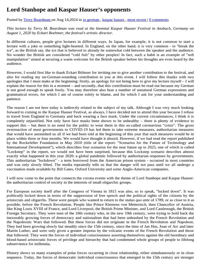 Lord Stanhope Und Die Gegenspieler Kaspar Hausers | PDF | German Empire | Napoleon