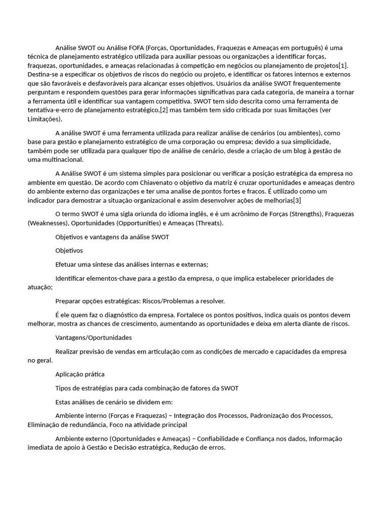 Análise SWOT ou Análise FOFA | PDF | Análise SWOT | Business