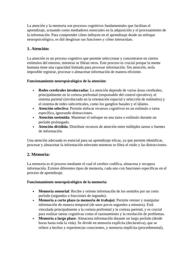 Atención y Memoria en el Aprendizaje | PDF | Memoria | Atención