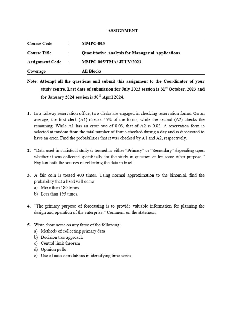 MMPC-005 Quantitative Analysis Assignment | PDF