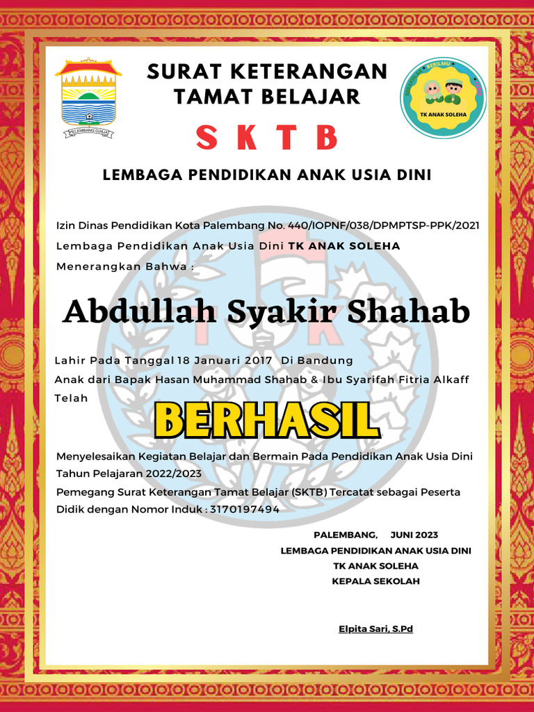 (Buat Banyak 1) SKTB PAUD Certificate | PDF