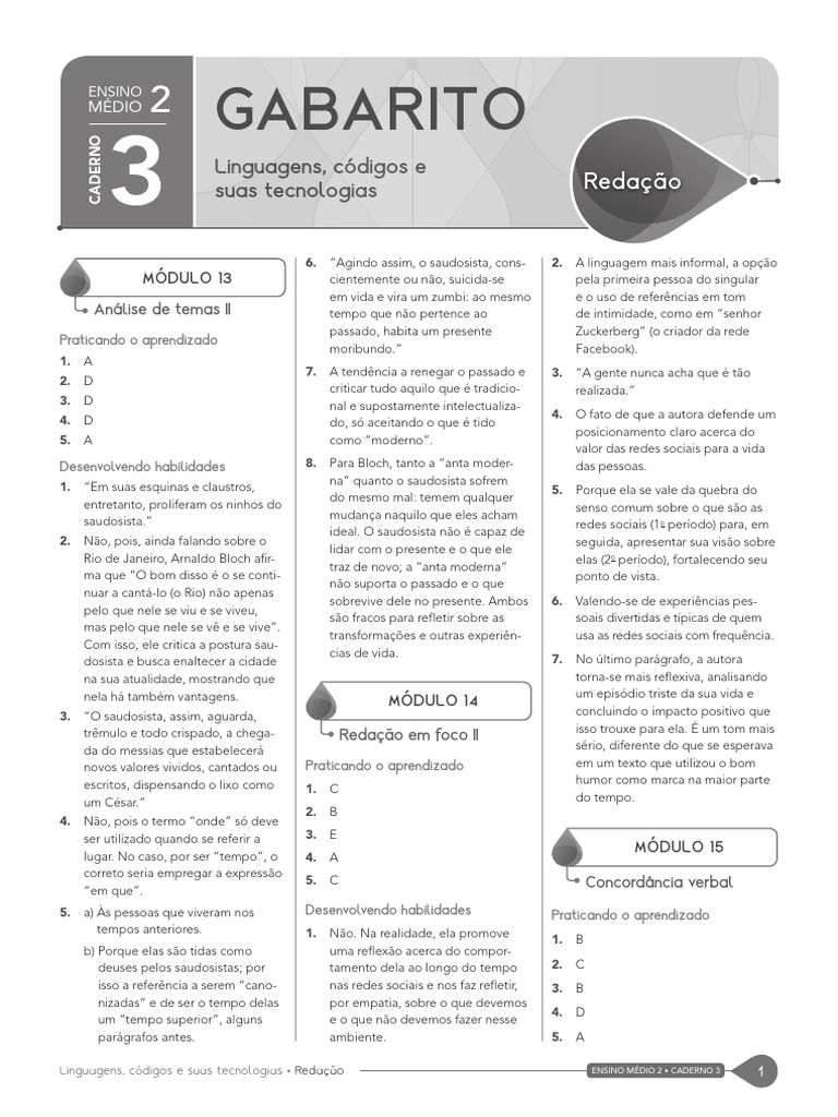 PH_EM2_C3_Gabarito_Humanas_Redação | PDF | Assunto (gramática ...