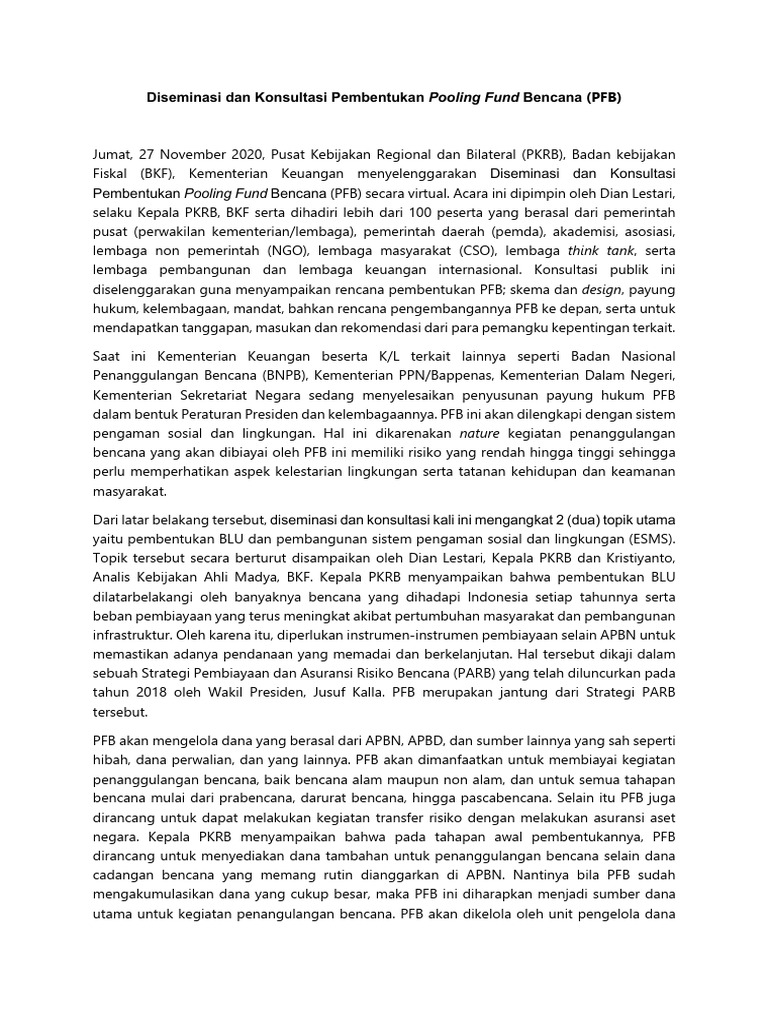Hasil-Diseminasi-dan-Konsultasi-Pembentukan-Pooling-Fund-Bencana-upd | PDF