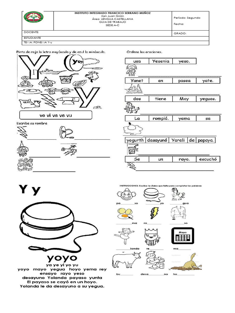 Guía Fonema Y-y: Completa y Lee | PDF