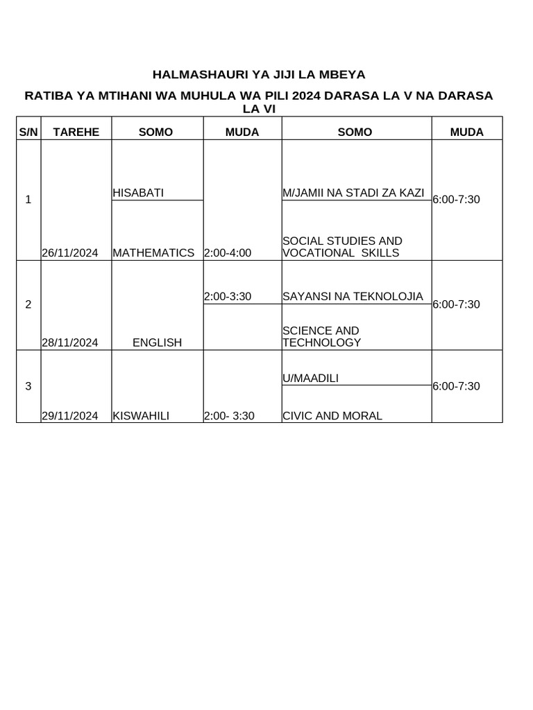 Mbeya 2024 Exam Schedule for Classes V-VI | PDF