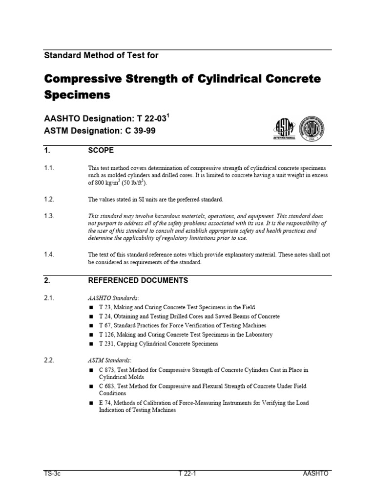 AASHTO T 22-03 - Compressive Strength of Cylindrical Concrete Specimens | PDF | Sphere | Concrete