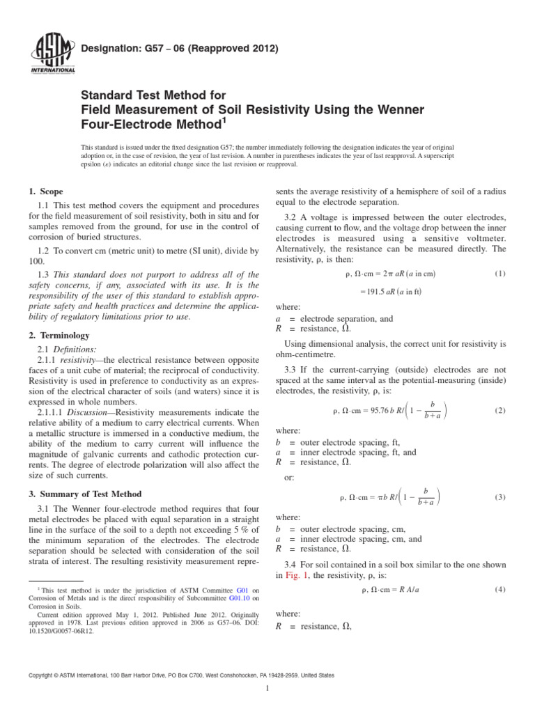 ASTM G57-20 Field Measurement of Soil Resistivity Using The Wenner Four-Electrode Method | PDF ...