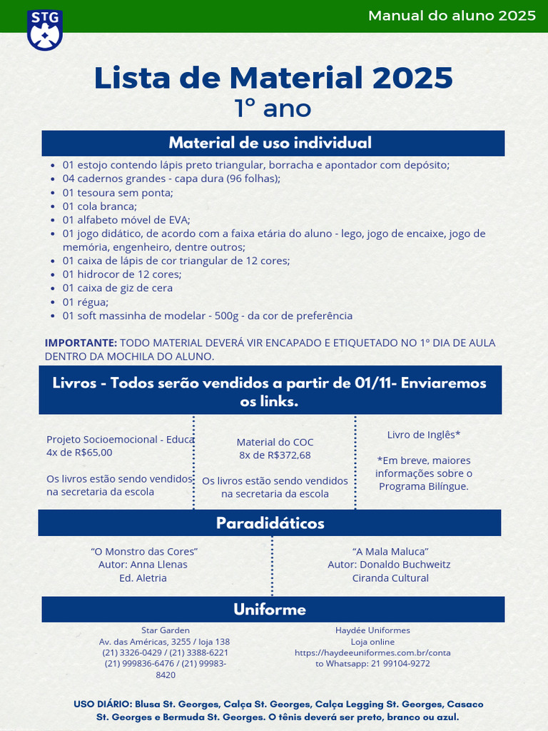 Lista de Material Escolar 2025 - 1º Ano | PDF