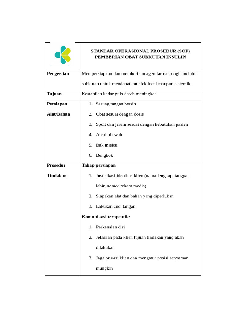 SOP Pemberian Insulin Subkutan | PDF