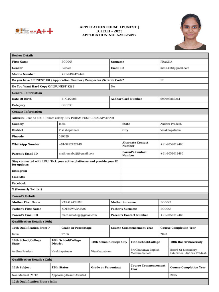 LPUNEST B.Tech 2025 Application Form | PDF