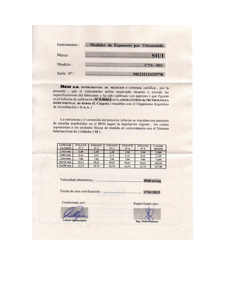 Certificado Calibración Medidor de Espesores Por Ultrasonido | PDF