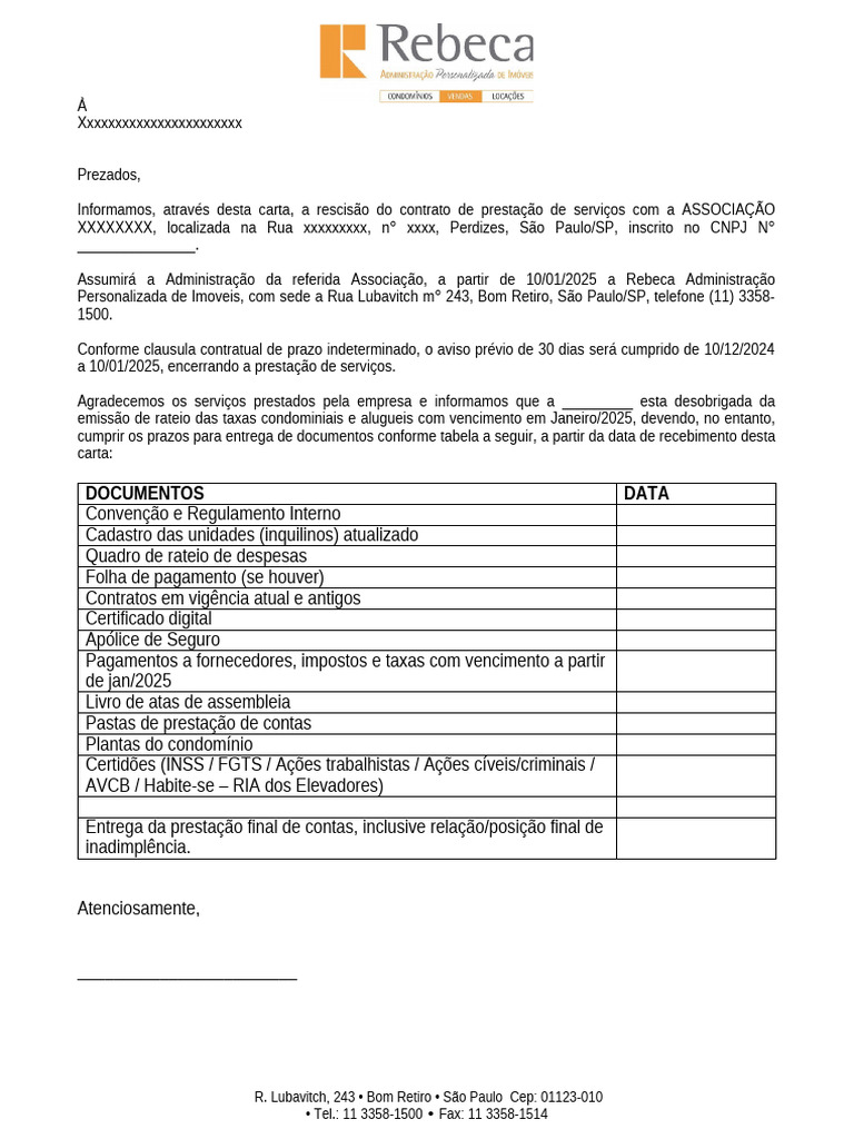 Modelo Carta - Rescisão Administracao | PDF