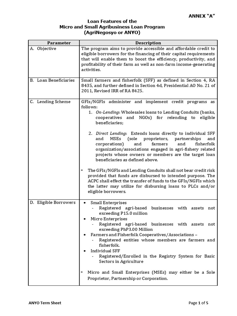 AgriNegosyo (ANYO) Loan Program - New Term Sheet | PDF | Loans | Mortgages