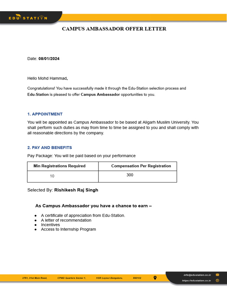 CAMPUS AMBASSADOR - OFFER LETTER - Edu-Station - Mohd Hammad | PDF
