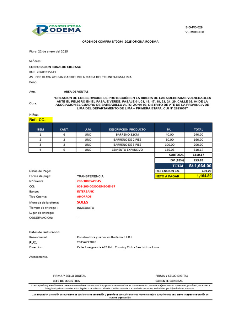 Orden de Compra 0094-2025 - Rodema | PDF