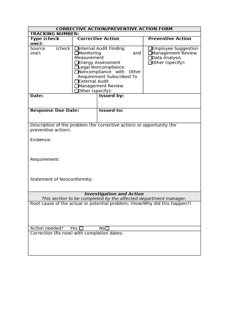 Corrective and Preventive Action Form | PDF