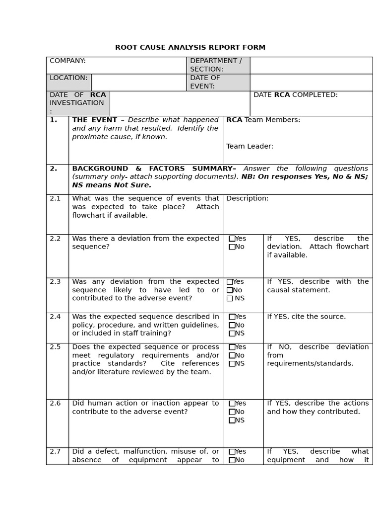 Root Cause Analysis Report Form | PDF