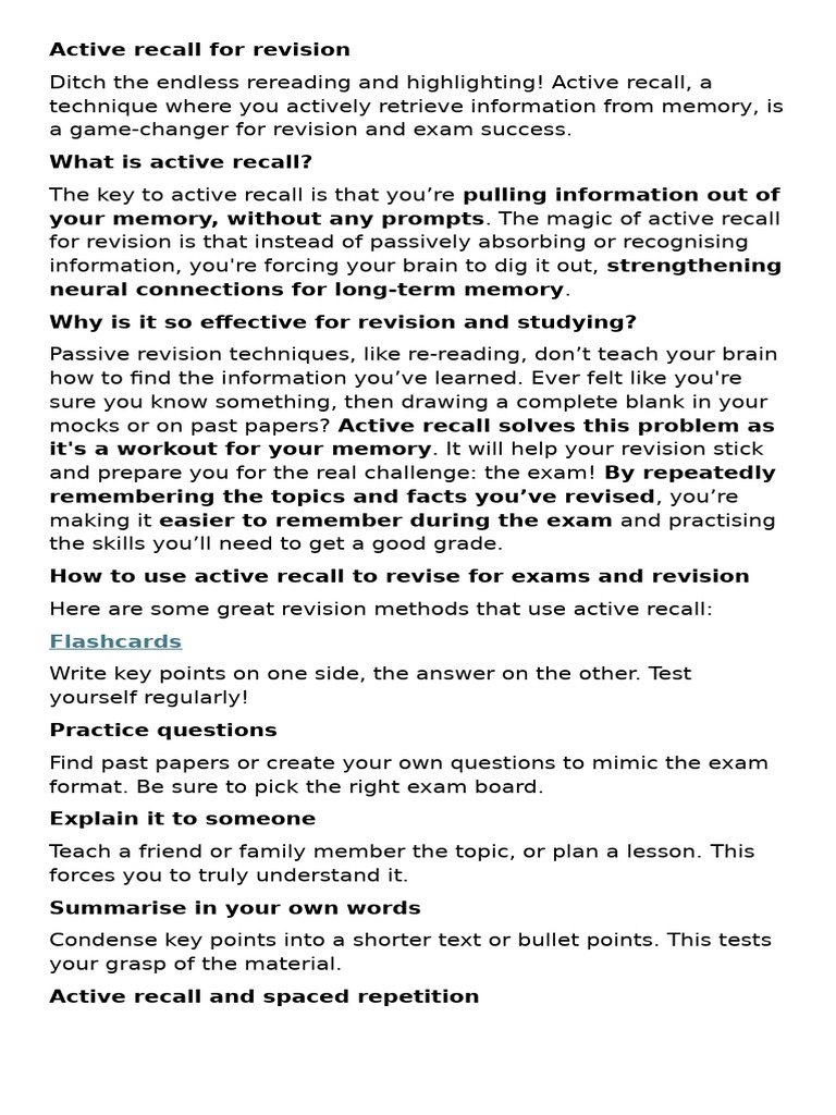 Mastering Active Recall for Revision | PDF | Recall (Memory) | Mental ...