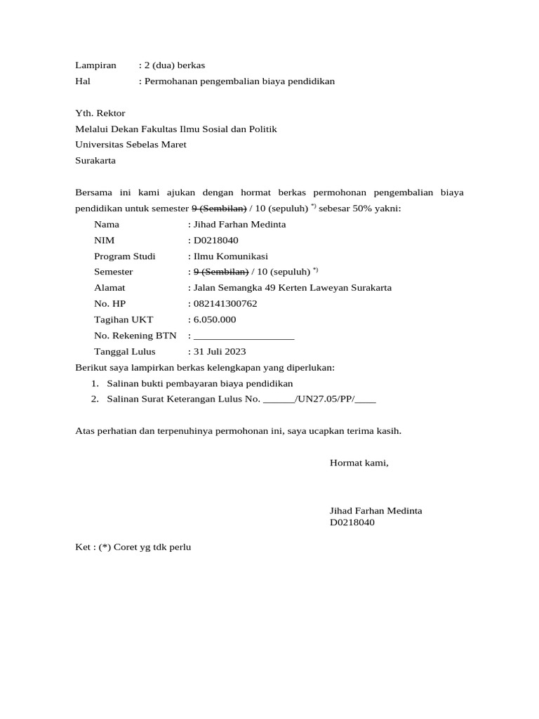 Surat Permohonan Pengembalian UKT | PDF