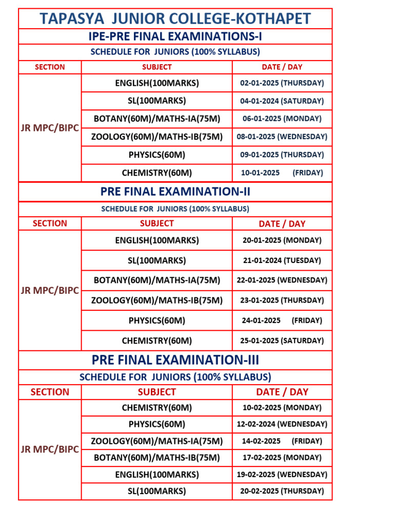 Pre-Final Exam Schedule for BIPC/MPC | PDF