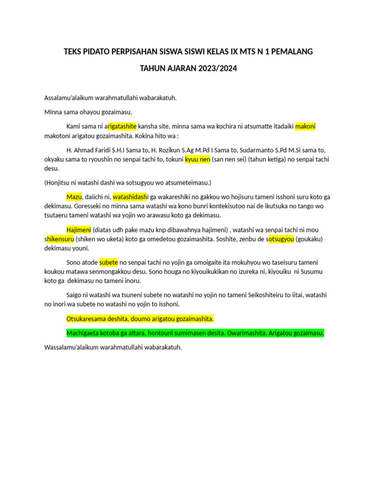 Teks Pidato Perpisahan Siswa Siswi Kelas Ix MTS N 1 Pemalang | PDF