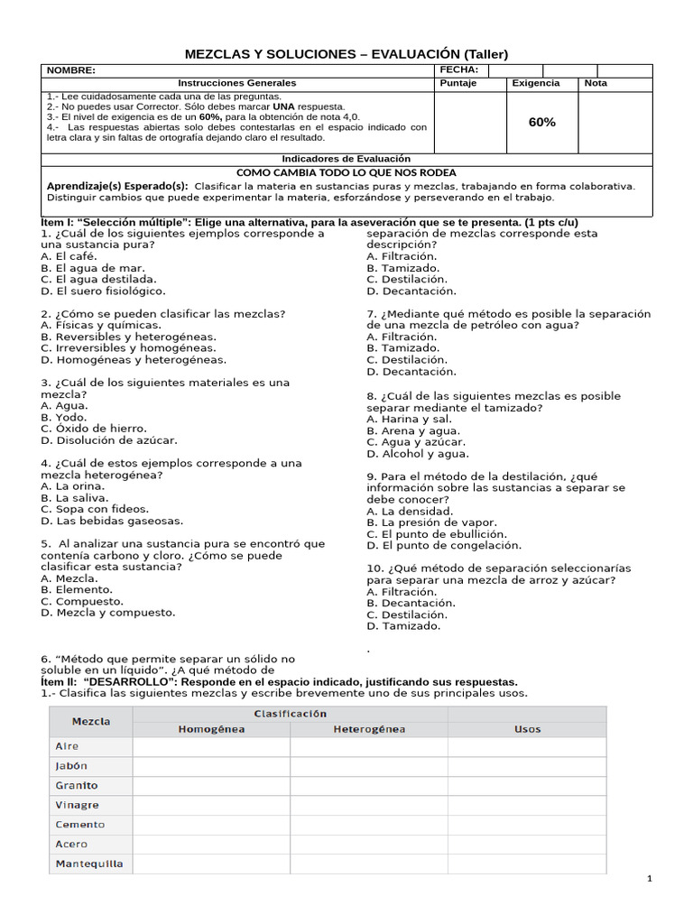 Evaluación de Mezclas y Soluciones | PDF | Mezcla | Destilación