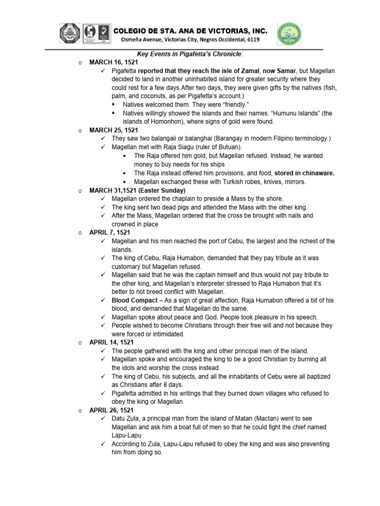 GECC 112 - Key Events in Pigafetta's Chronicle | PDF