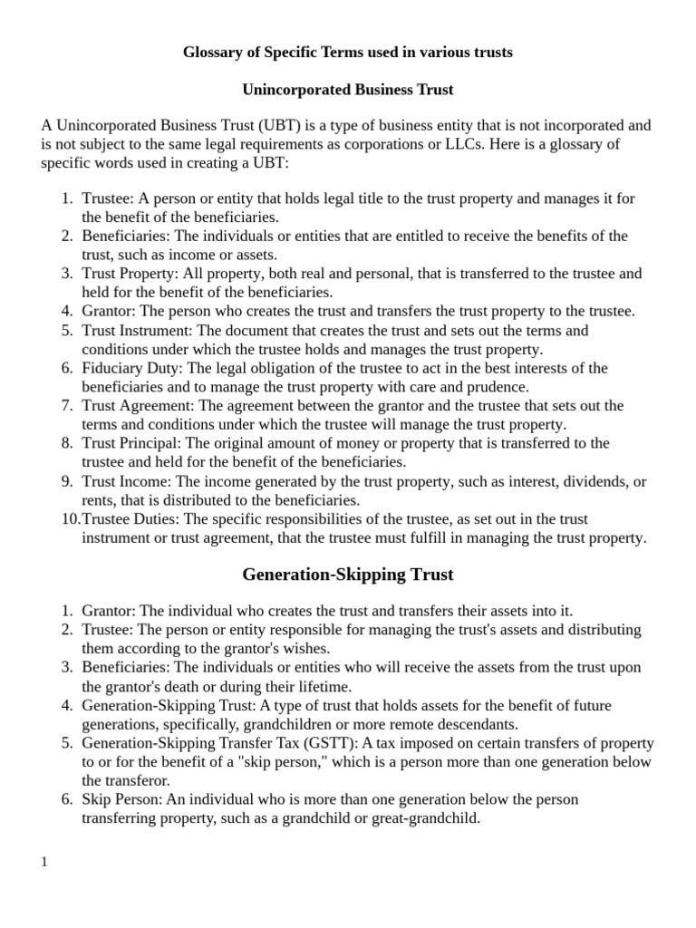 Glossary of Specific Terms used in various trusts | PDF | Trustee ...