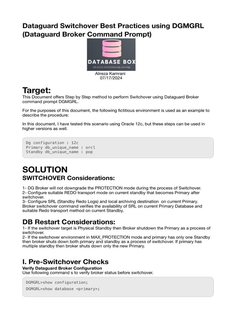 Dataguard Switchover Best Practices Using DGMGRL | PDF | Computer Data | Oracle Corporation