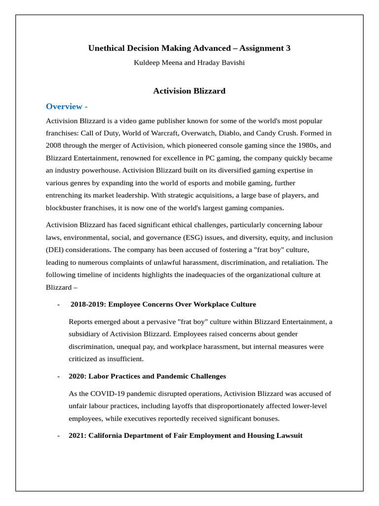 Unethical Decision Making Assignment 3 | PDF | Blizzard Entertainment