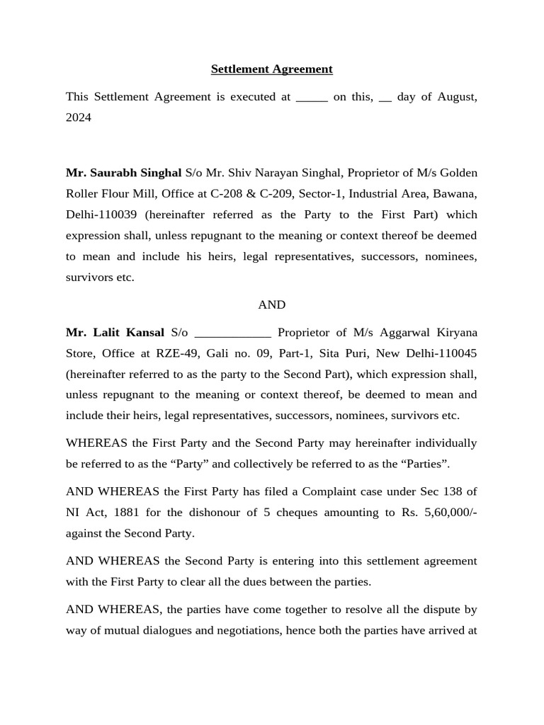 Sample Draft of Settlement Agreement | PDF | Lawsuit | Complaint