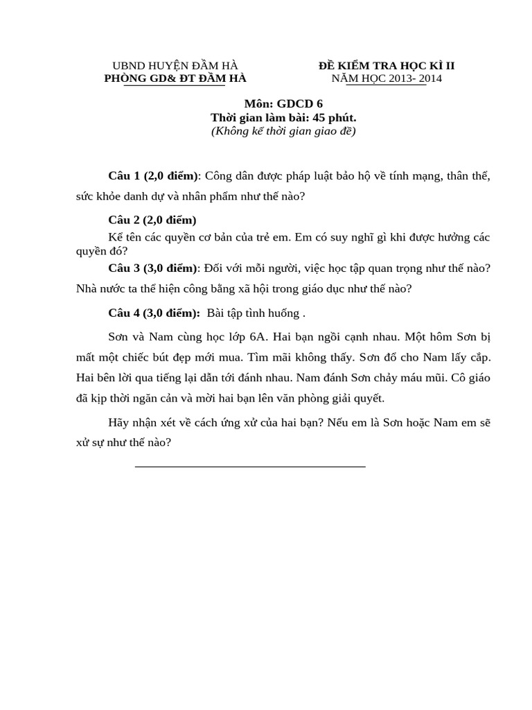 De thi HK II gdcd 6 | PDF