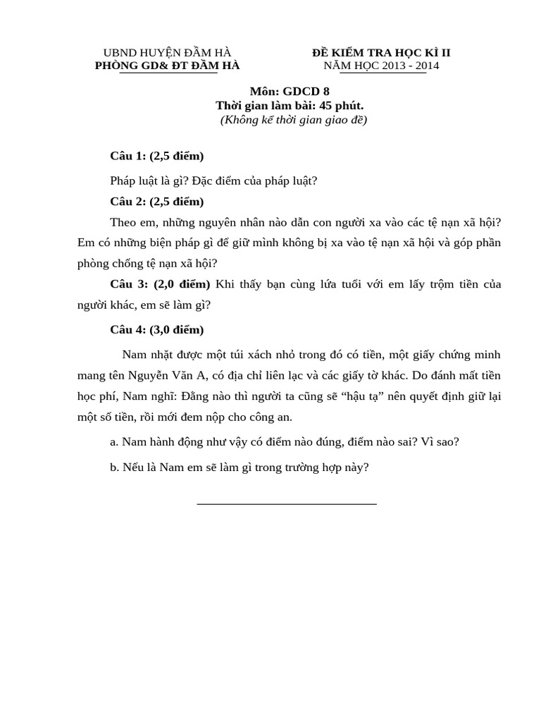 de thi ky II GDCD 8 | PDF