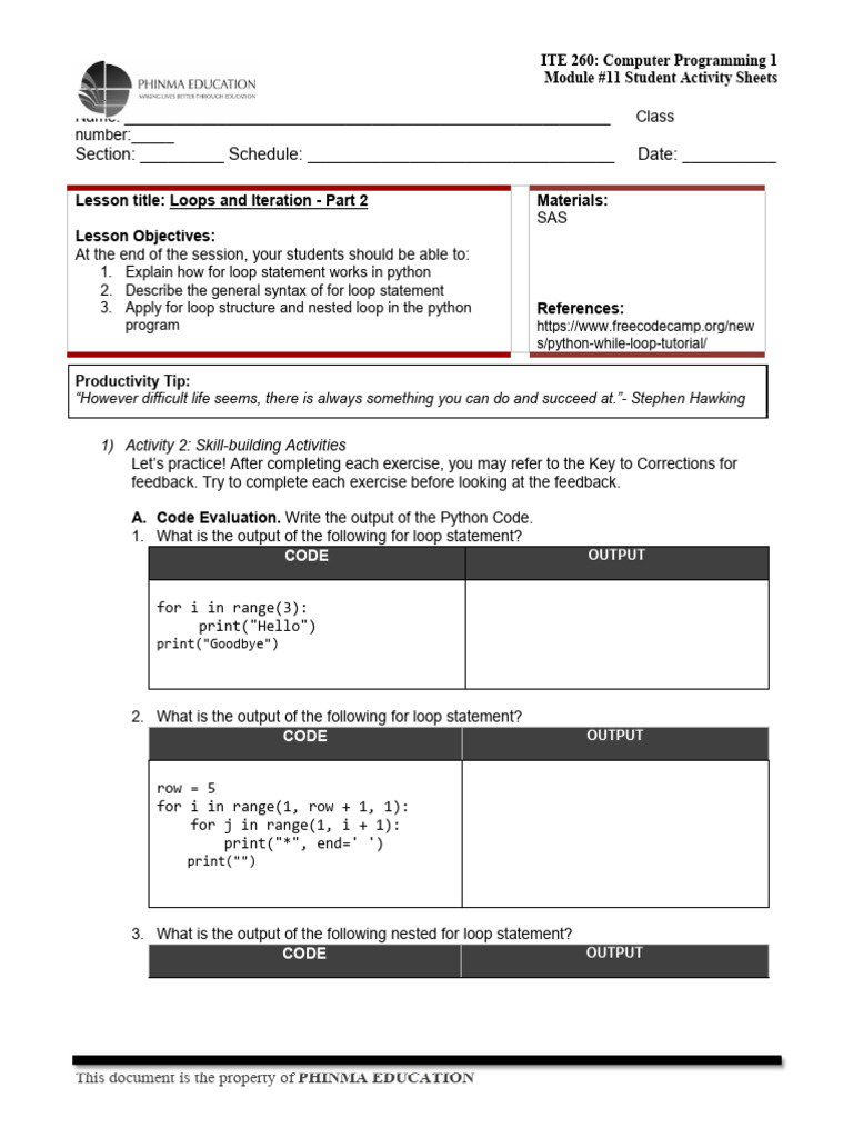 ITE 260 - SAS - Day 11 - Loops and Iiteration Part 2 | PDF | Control Flow | Python (Programming ...