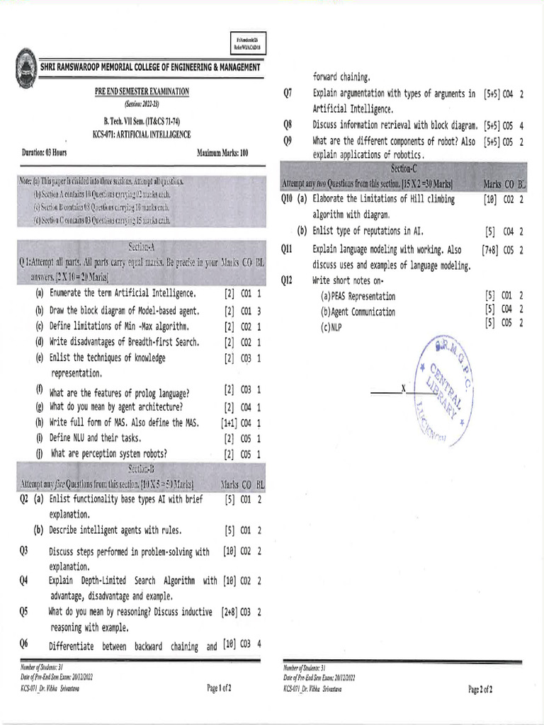 Artificial Intelligence (KCS-071) 2022-23 | PDF