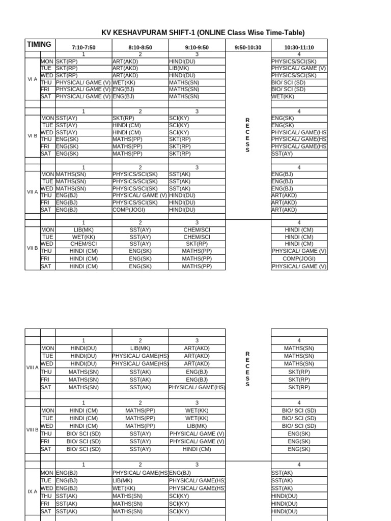 Online Time Table Ist Shift | PDF