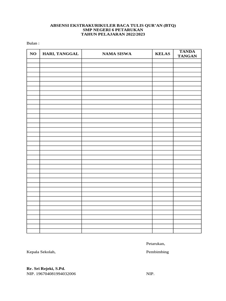 Absensi Ekstrakurikuler Baca Tulis Qur | PDF