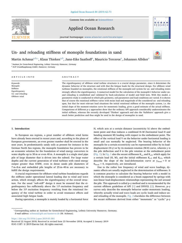 Achmus Et Al. (2019) - Un - and Reloading Stiffness of Monopile ...
