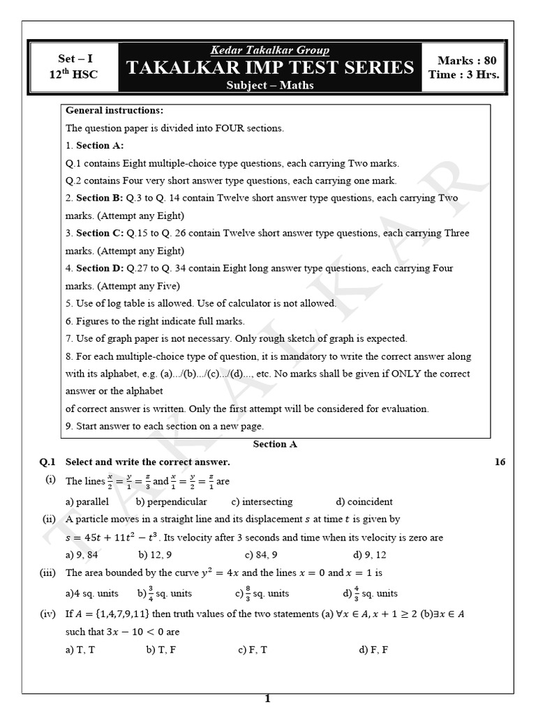12th HSC Maths Set - I Q | PDF | Equations | Function (Mathematics)