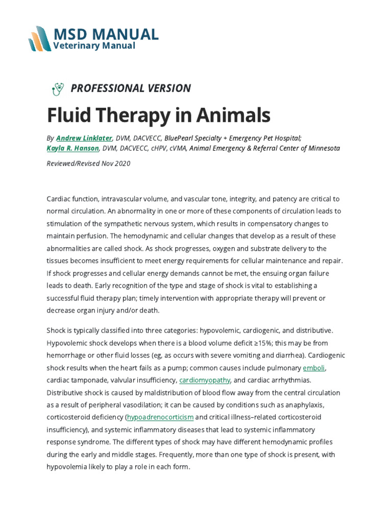 Fluid Therapy in Animals - Therapeutics - MSD Veterinary Manual | PDF ...