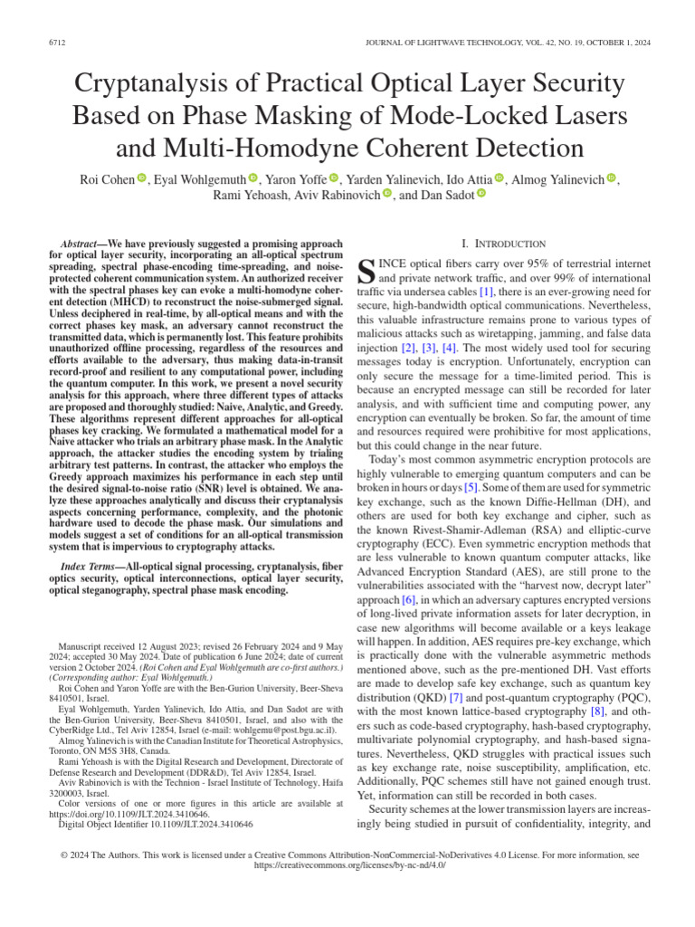 Cryptanalysis of Practical Optical Layer Security Based On Phase Masking of Mode-Locked Lasers ...
