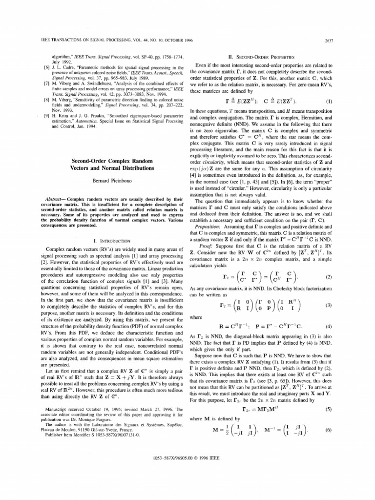 Second-Order Complex Random Vectors and Normal Distributions | PDF | Matrix (Mathematics ...