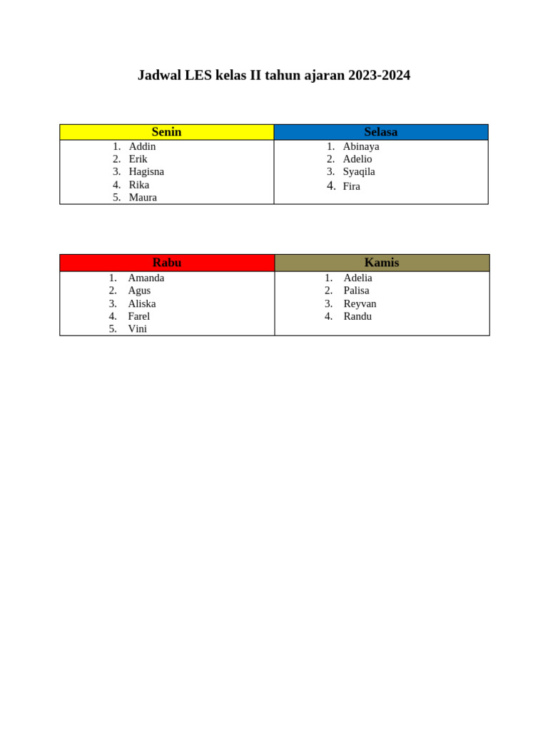 Jadwal LES Kelas II Tahun Ajaran 2023 | PDF