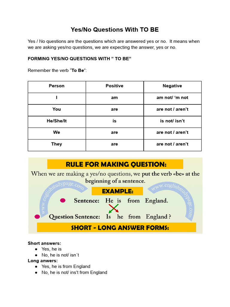 Forming Yes/No Questions with "To Be" | PDF