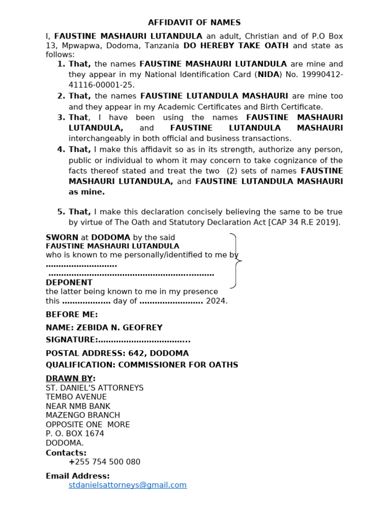 AFFIDAVIT OF NAMES Mashauri 12345 | PDF