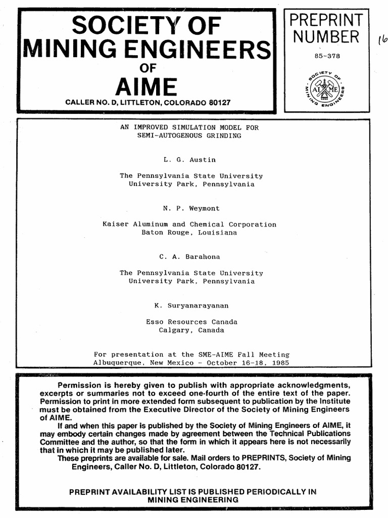 1985 - An Improved Simulation Model For Semi-Autogenous Grinding | PDF