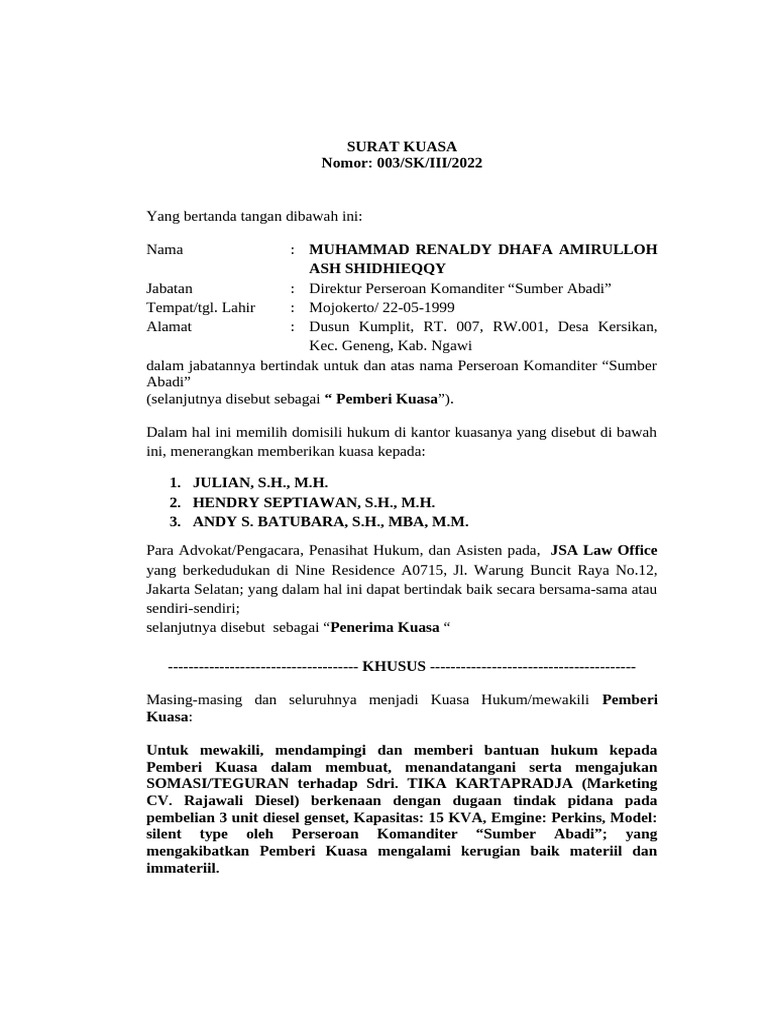 Surat Kuasa Hukum Sumber Abadi | PDF